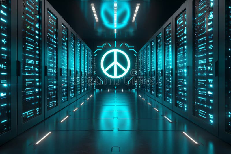 Digital Peace Symbol in a High Tech Data Center, Representing the ...