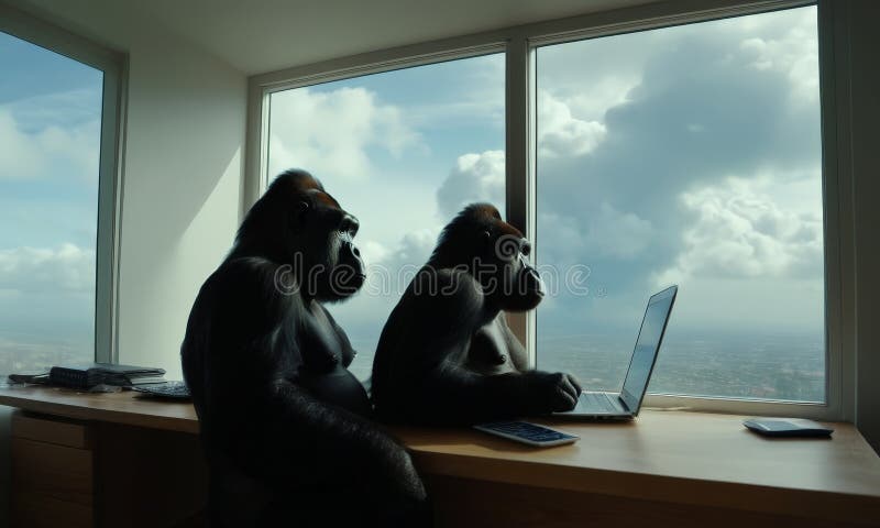 Two Monkeys Sitting on Window Sie Stock Illustration - Illustration of ...