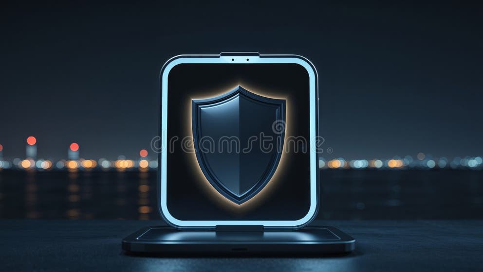 Digital Security Concept with Shield on Tablet at Night with Lights ...