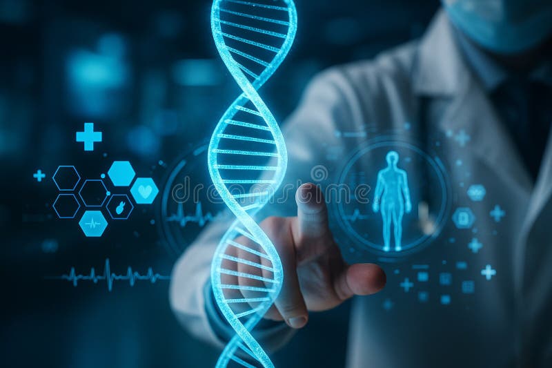 AI Generated Digital Visualization of a Glowing DNA Double Helix Hologram Being Analyzed by a ...