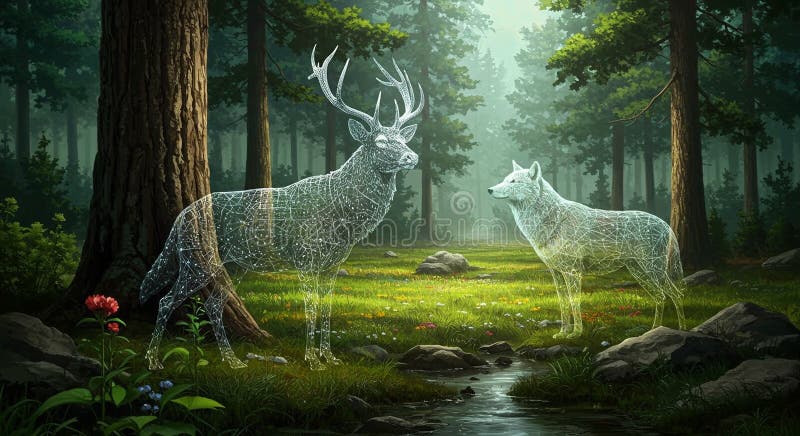 AI-generated Digital Wireframe Deer and Wolf in a Serene Forest Stock ...