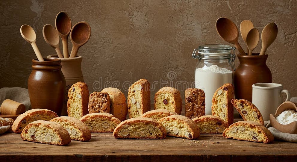 AI-generated Display of Assorted Biscotti with Wooden Utensils and Jars ...