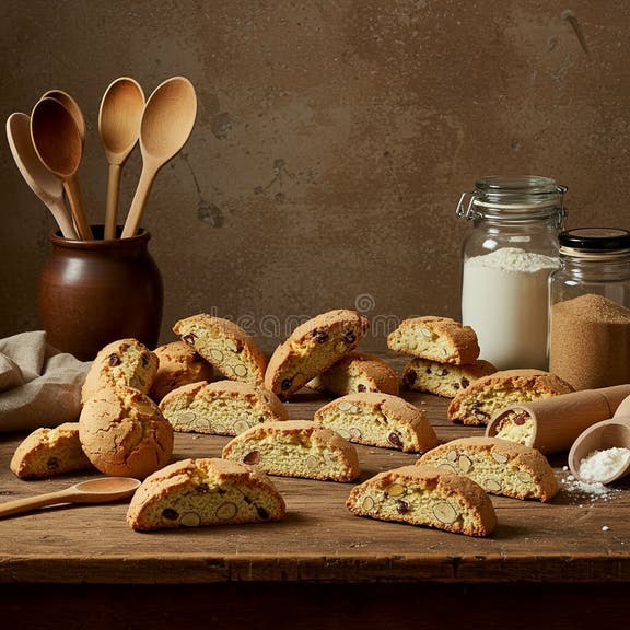AI-generated Display of Assorted Biscotti with Wooden Utensils and Jars on a Wooden Table Stock ...
