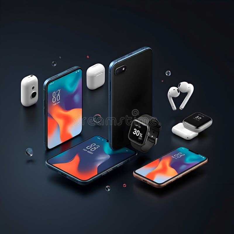 AI-Generated Display of Phones, Earbuds, and Smart Watch Stock ...