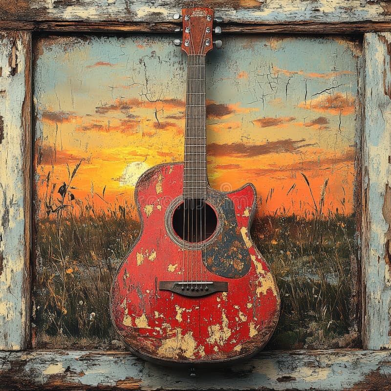 AI-generated Distressed Guitar Against a Rustic Sunset Framed in a ...