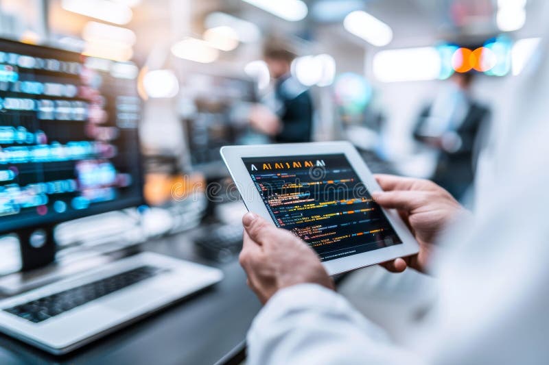 Doctor Analyzing AI Data on Digital Tablet in High Tech Laboratory ...