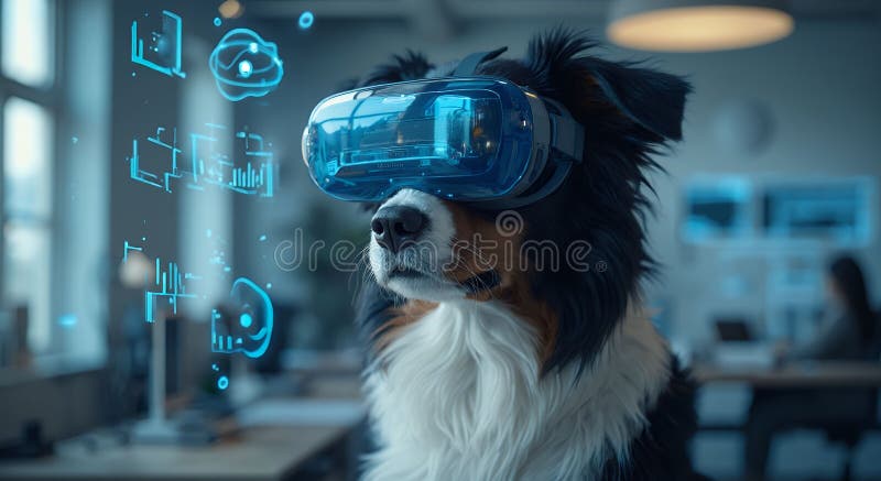 AI-generated Dog Wearing Virtual Reality Goggles in a Modern Office ...