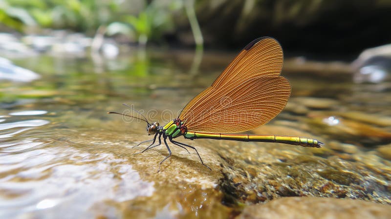A Dragonfly is Perched on a Rock in a Shallow Stream Stock Illustration ...
