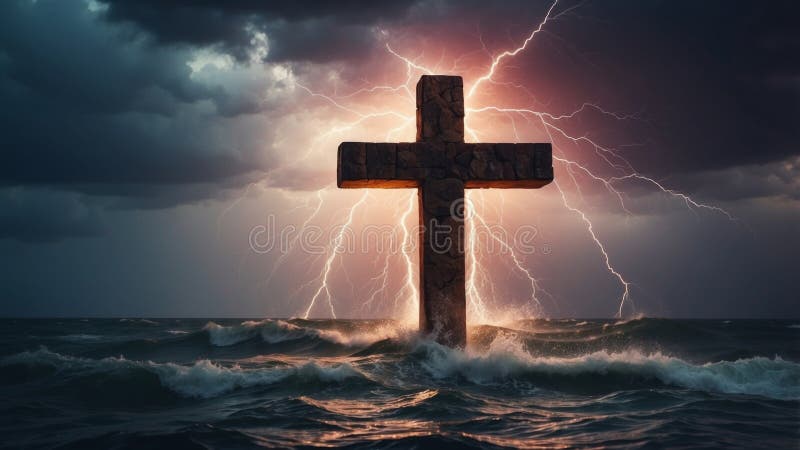 Dramatic Cross Illuminated by Powerful Lightning Bolt in Stormy ...