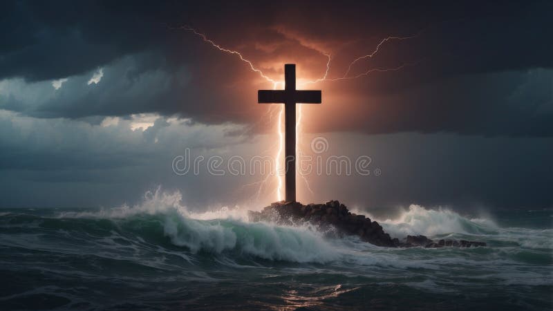 Dramatic Cross Illuminated by Powerful Lightning Bolt in Stormy ...