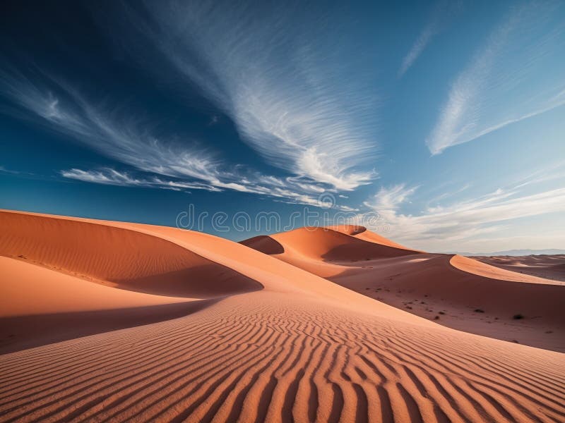 Dramatic Desert Landscape with Red Dunes and Blue Sky Stock Photo ...