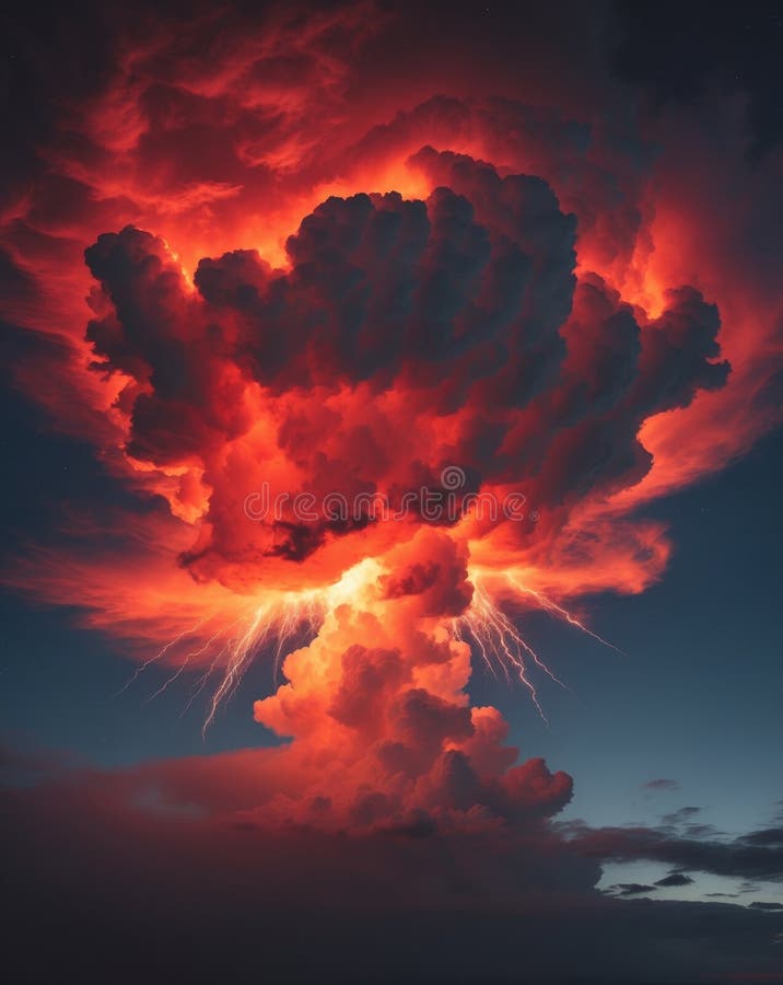 Dramatic Explosive Cloud Illuminating the Dark Night Sky with Fiery Red ...