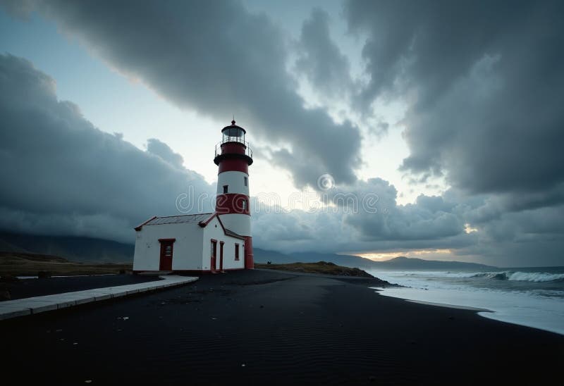 Lighthouse on Black Sand Beach at Sunset Stock Illustration ...