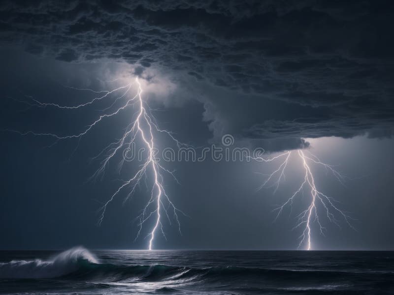 Dramatic Lightning Storm Over the Ocean at Night with Dark Clouds ...
