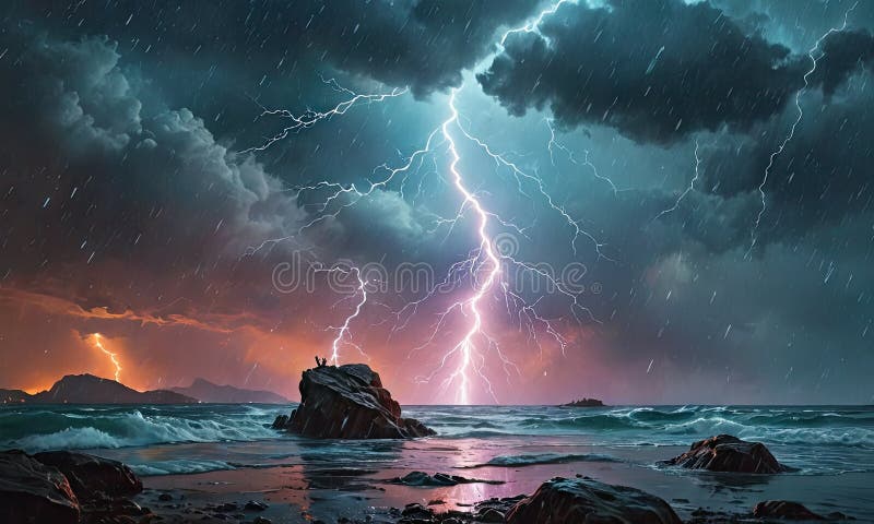 A Lightning Bolt is Striking a Rock in the Ocean. Stock Illustration ...