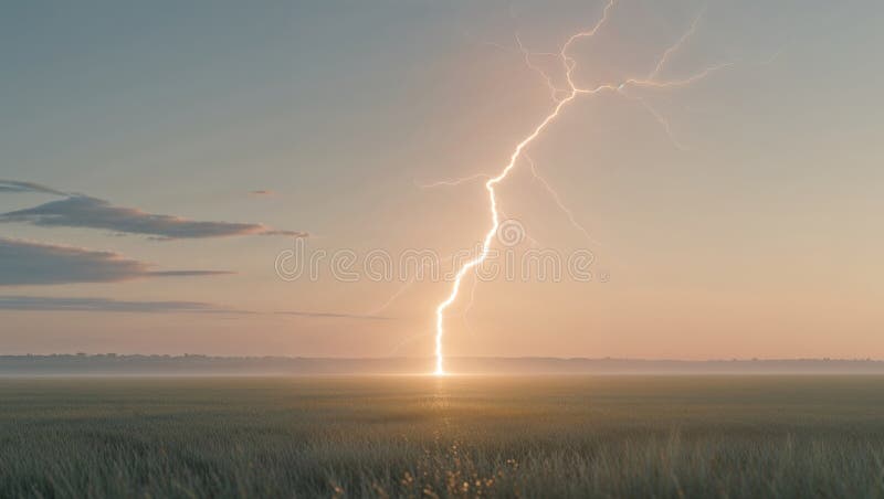 Dramatic Lightning Strike Over a Field at Sunset Stock Image - Image of ...