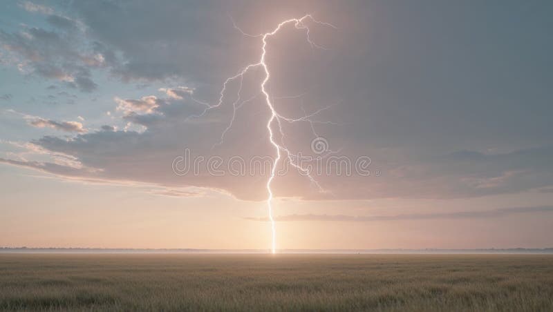 Dramatic Lightning Strike Over a Field at Sunset. Stock Image - Image ...