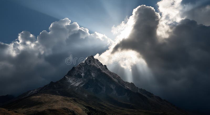 AI-generated Dramatic Mountain Peak with Sun Rays Breaking through Dark Clouds Stock ...