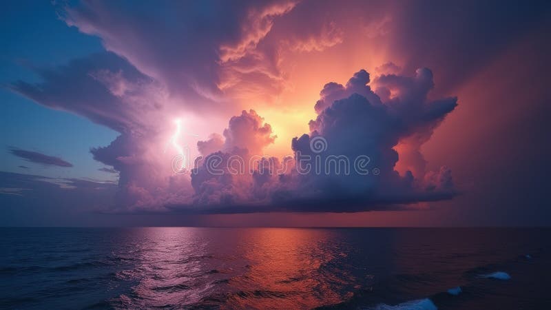 Dramatic Ocean Scene with Vibrant Clouds and Lightning. Stock ...