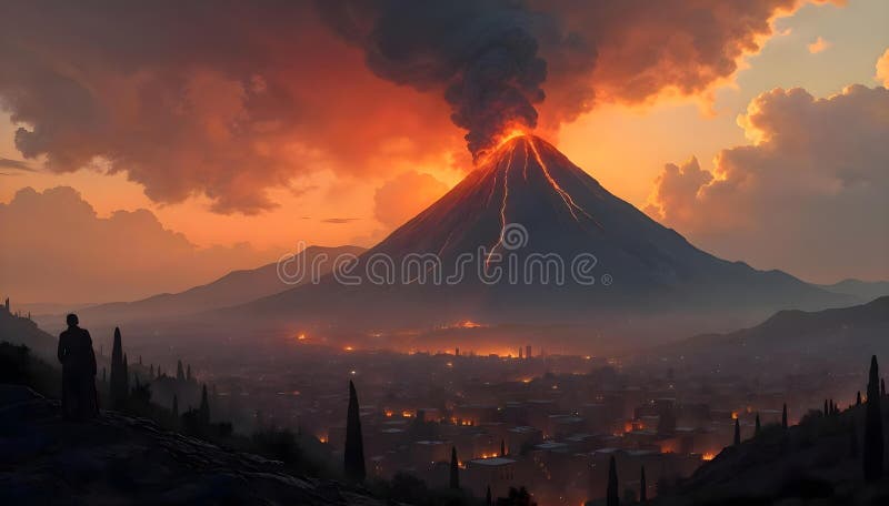 Erupting Volcano at Sunset with City in the Foreground Stock ...
