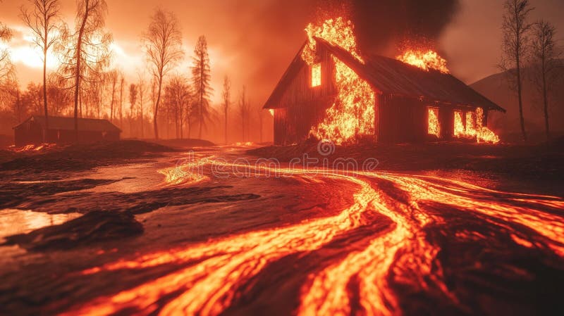 AI-generated Dramatic Scene of a House on Fire with Flowing Lava in a ...
