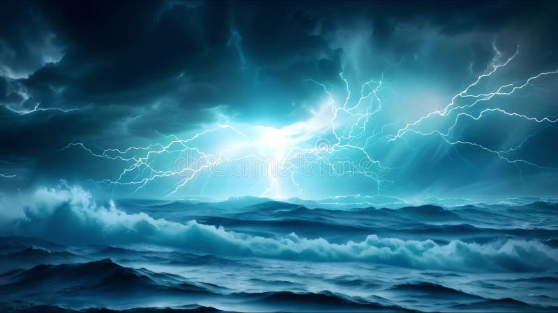 AI Generated Dramatic Scene of Stormy Sea with Waves Under a Cloudy Night Sky with Lightning ...