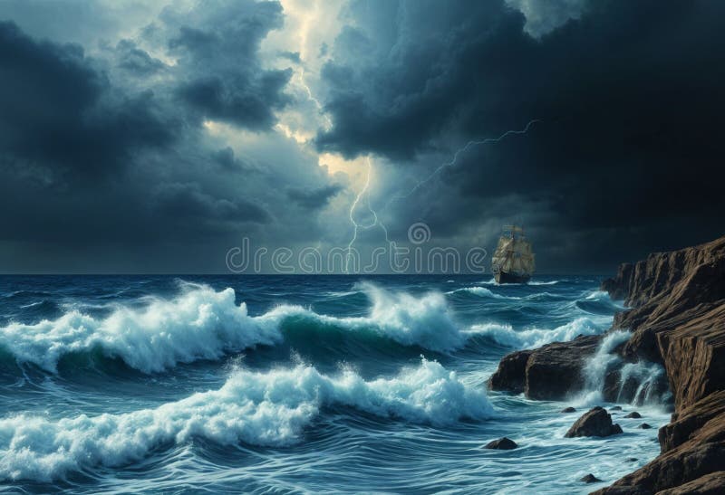 Dramatic Seascape with Storm and Ship Stock Illustration - Illustration ...