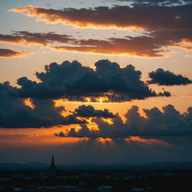 Dramatic Sunset with Sun Rays and Church Silhouette. Stock Illustration ...