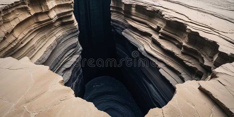 A Dramatic Textured Hole Descends into Darkness with Layered Rock Stock ...