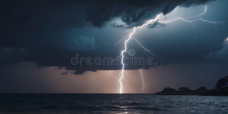 A Dramatic Thunderstorm Rages Over a Dark Blue Ocean with Lightning ...