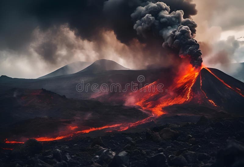 Dramatic Volcanic Eruption with Flowing Lava and Thick Smoke Clouds ...