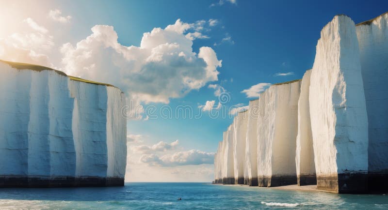 Dramatic White Chalk Cliffs Meeting the Deep Blue Sea Under a Summer ...