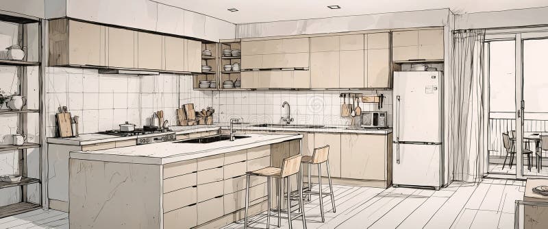 Drawing Renovation of a Open Modern Kitchen. Anime Style Stock Photo ...