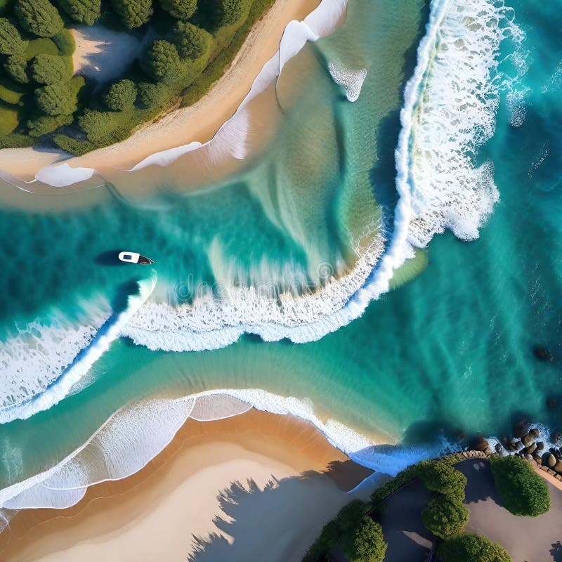 AI Generated Drone View from the Top of a Sea Beach with Waves and a ...