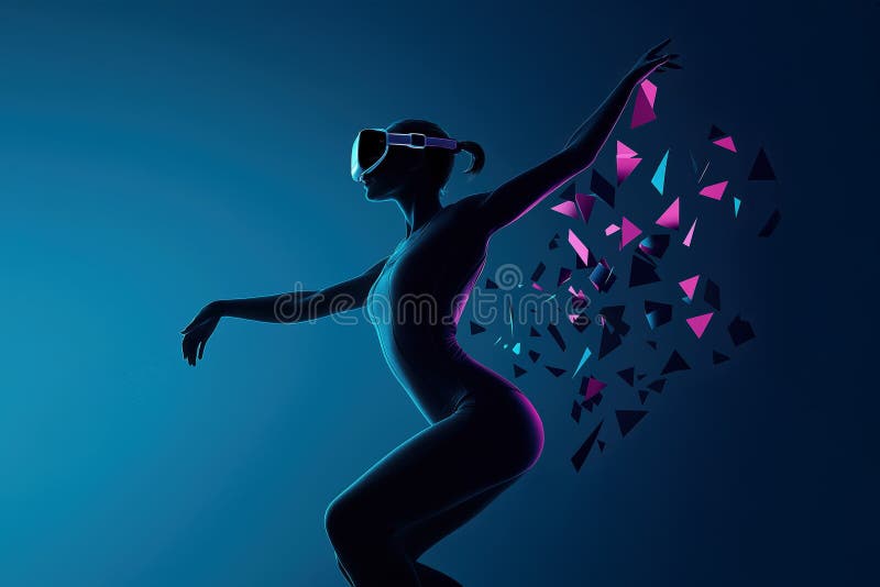 Dynamic Athletic Female Figure in VR Headset Experiencing Virtual ...