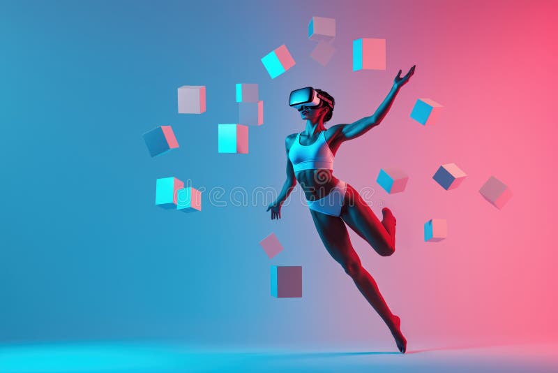 Dynamic Athletic Female in VR Headset Surrounded Floating Cubes ...