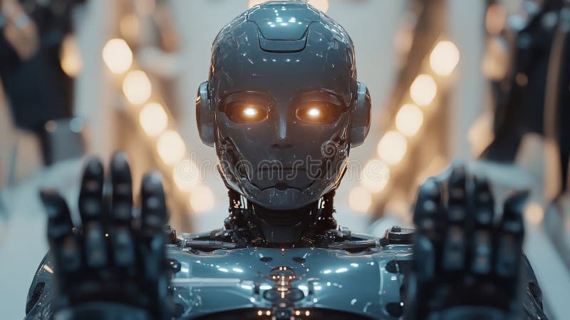 AI Generated. Dynamic Humanoid Robot with Glowing Elements Raises Hands ...