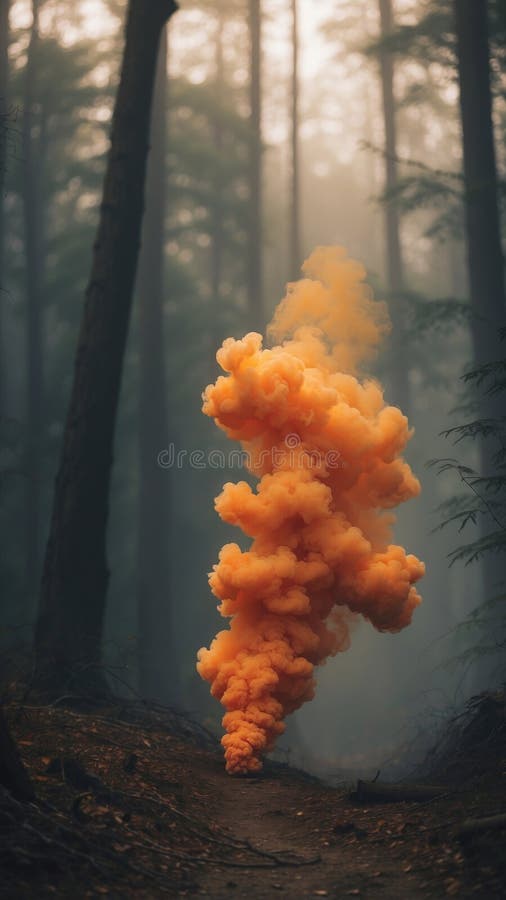 Dynamic Orange Smoke in Misty Forest Background. Stock Illustration ...