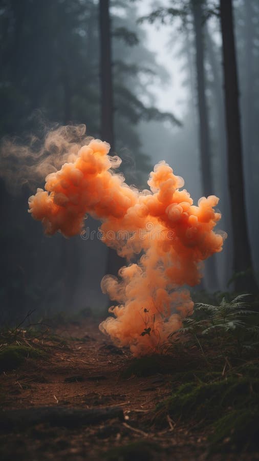 Dynamic Orange Smoke in Misty Forest Background. Stock Illustration ...