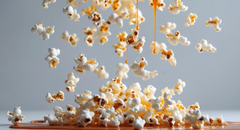 Dynamic Popcorn Flying with Sweet Sauce Drizzle. Stock Image - Image of ...