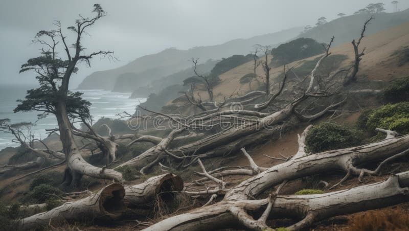 Earthquake Damaged Tree Trunks on Coastal Hillside Stock Photo - Image ...