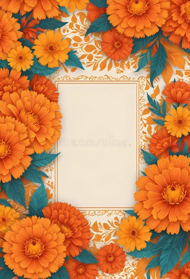 An Elegant Frame with Orange Marigold Flowers on it and a Gold Frame ...