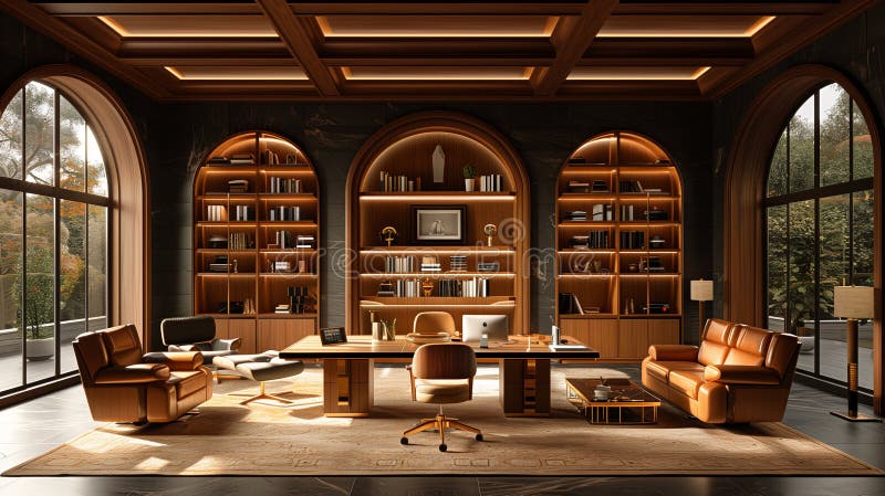 Elegant Mediterranean Private Study with Arched Shelves Stock ...