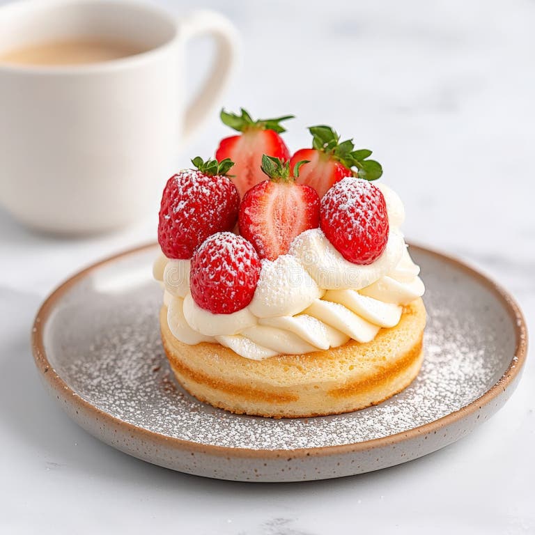 Elegant Pancake Stack with Cream and Strawberries Presented on White ...