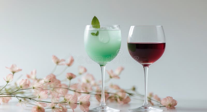 Elegant Wine Glasses with Refreshing Drinks and Delicate Flowers. Stock ...