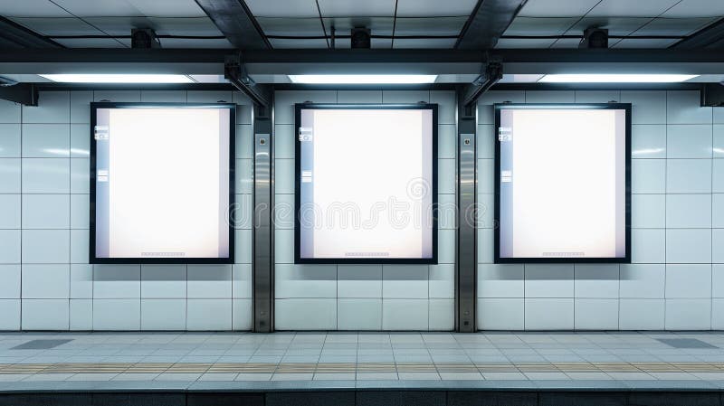 Three Blank Billboard Banners Mockup Showing Inside Subway Station with ...