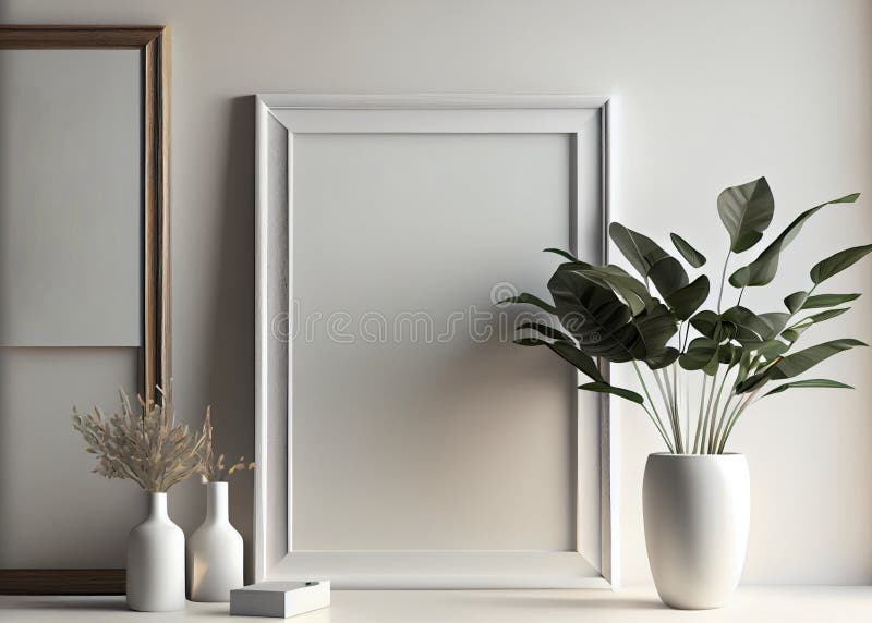 AI Generated. Empty Picture Frame Mockup. White Wall Background. Vase ...
