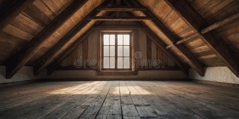 Empty, Rustic Attic with Wooden Beams, a Single Window, and Worn-out ...