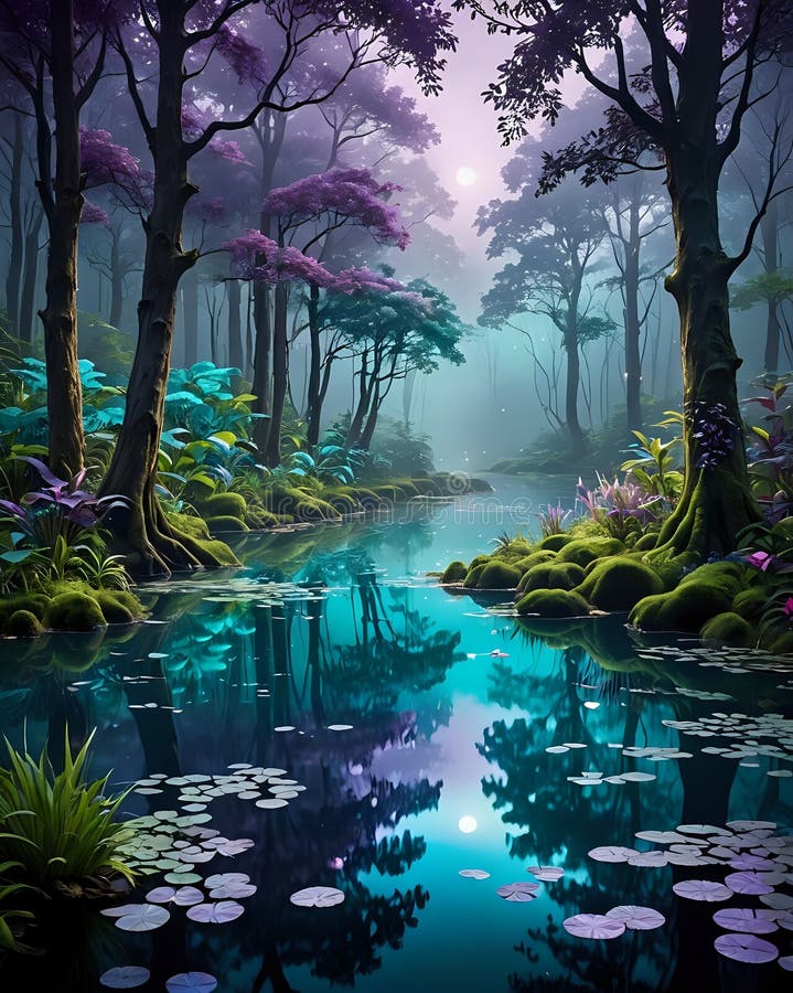 AI-Generated Enchanted River - Magical Forest Reflection Stock ...