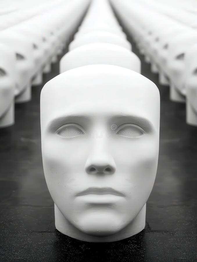 Endless Repetition of White Sculpted Head Busts Fading into Distance in ...